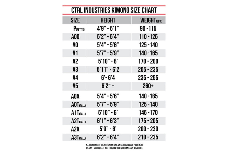 Size Chart for Adult Kimonos – CTRL INDUSTRIES